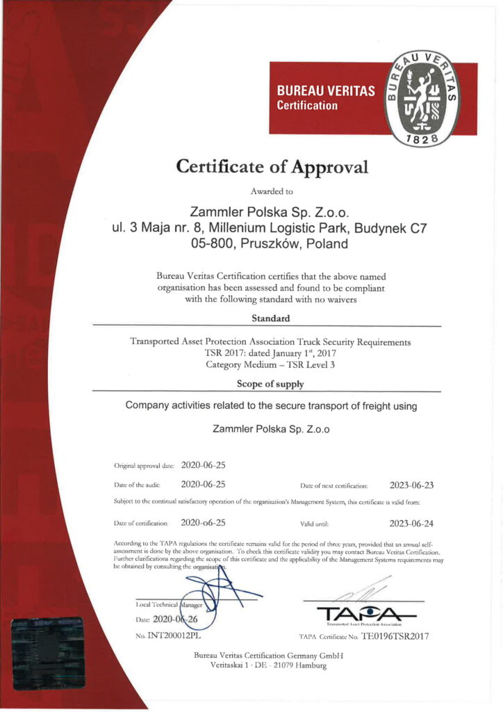 A Company Of The ZAMMLER GROUP Has Received The TAPA Certificate (cargo ...